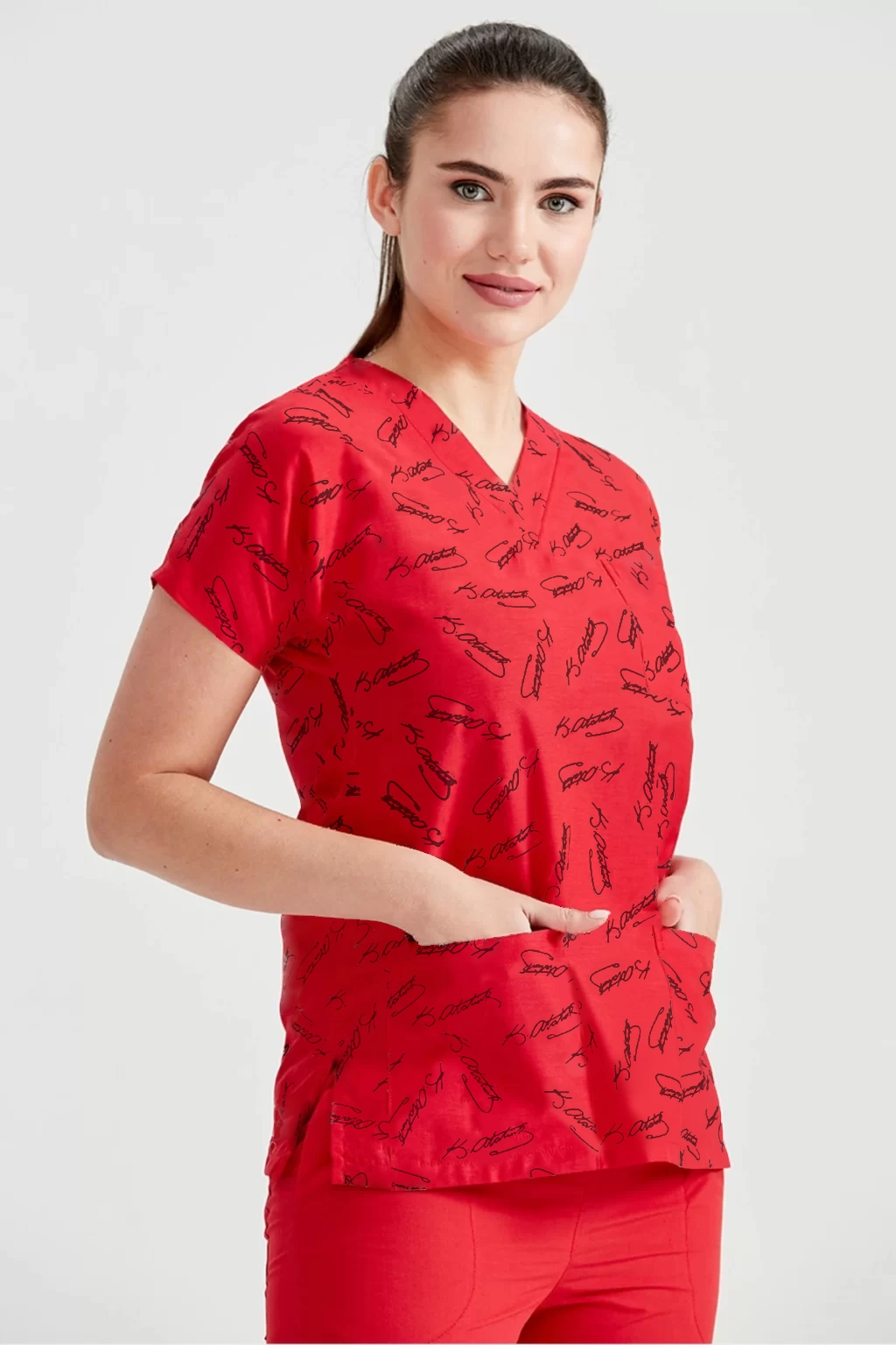 Terikoton Kumaş Atatürk İmza Desenli Cerrahi Forma V Yaka