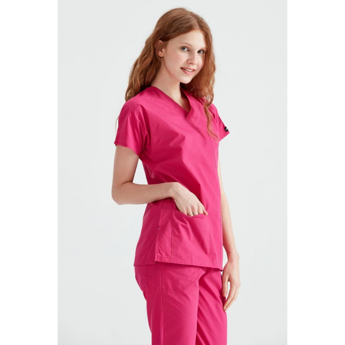 Fuchsia Colored Surgical Team Terikoton Thin Fabric V Neckline Uniform