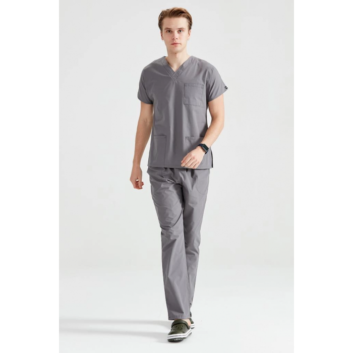 Dark Gray Monochrome Lycra Fabric Surgical Set V-neck Uniform