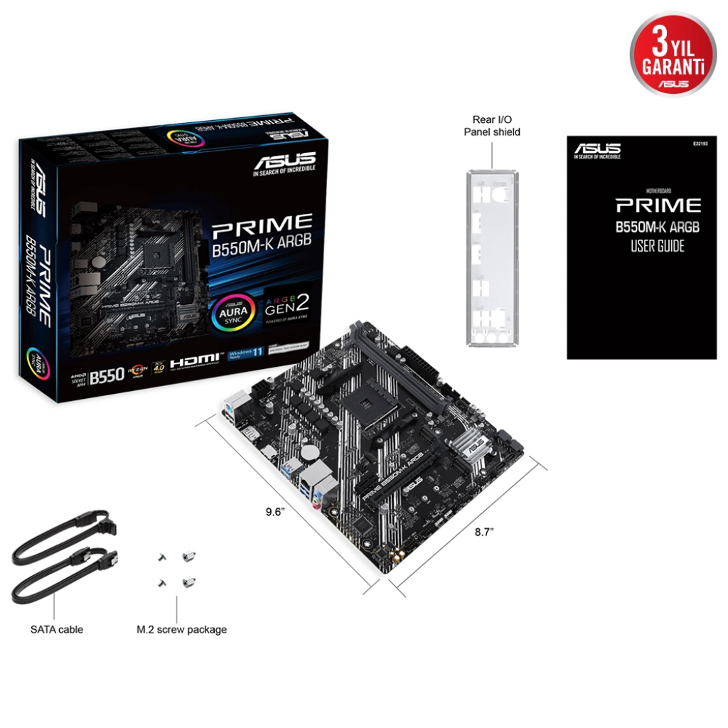 ASUS PRIME B550M-K ARGB B550 DDR4 (Vga Yok) GLan mATX HD DP US3 M2 AM4 ...