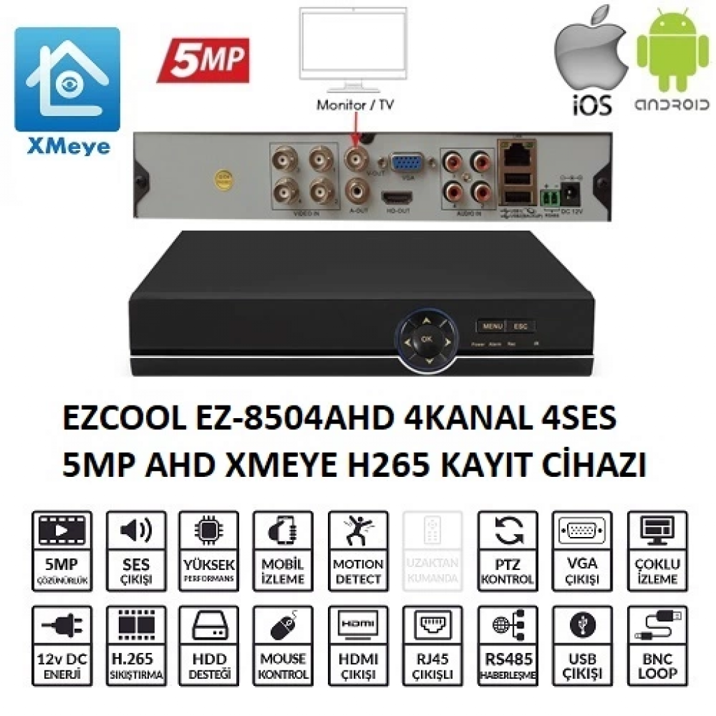 EZCOOL EZ-8504AHD 4 KANAL 5 MP 1HDD XMEYE KAYIT CİHAZI Laptop, Bilgisayar ve Donanım Ürünleri