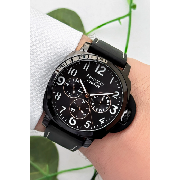 Ferrucci Siyah Renk, Deri Kordon, Function Erkek Kol Saati+Bileklik ...