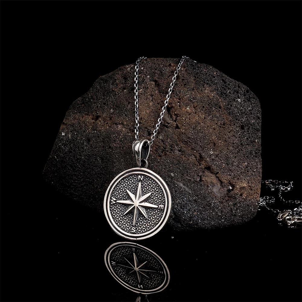 925 Ayar Gümüş Pusula Sembollü Erkek Kolye | İpek Silver