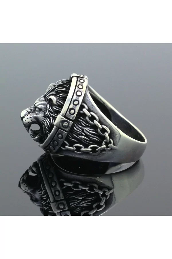 925 Ayar Gümüş Zincir İşlemeli 3 Boyutlu Aslan Kafası Erkek Yüzük ...