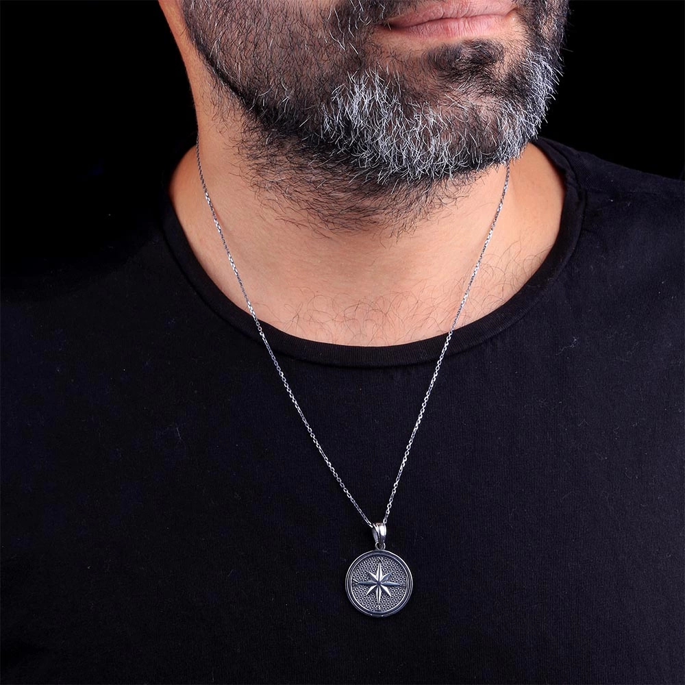925 Ayar Gümüş Pusula Sembollü Erkek Kolye | İpek Silver
