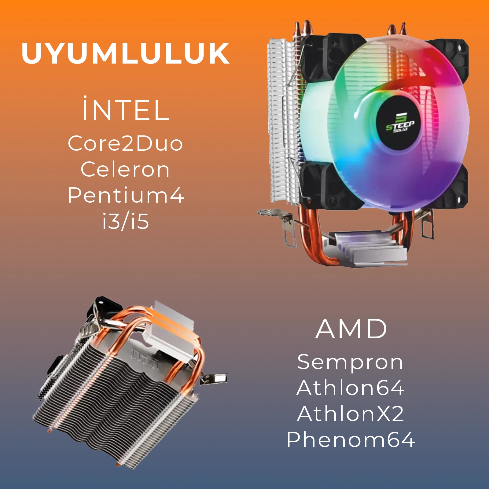 İntel LGA 775 Bakır CPU Fan - RGB Rainbow Masaüstü İşlemci Fanı Satın ...