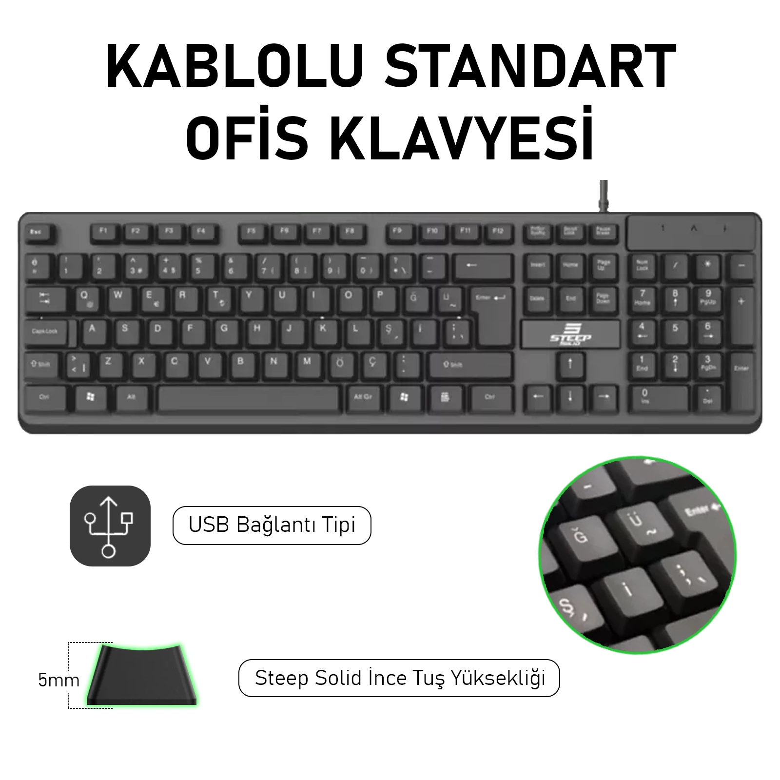 Steep Solid ST-01 Kablolu Standart Ofis Klavyesi - Türkçe Q Klavye ...
