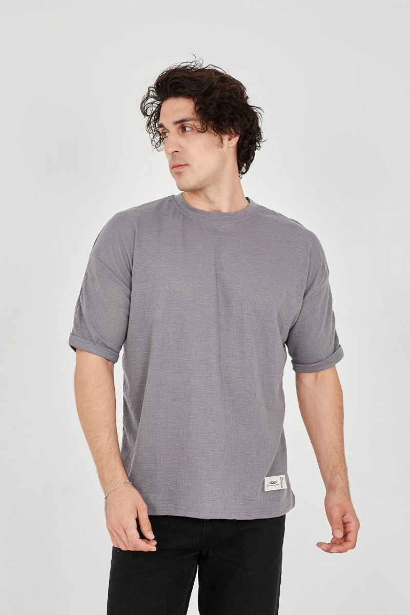 Unisex Jakar Kumaş Rahat Kol T-Shirt - Gri | TR-5068