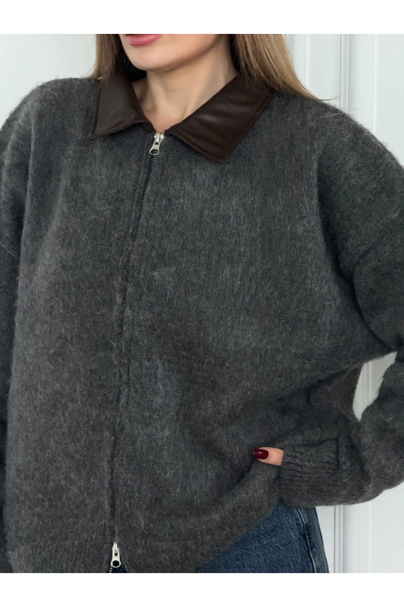 Deri Yakalı Pamuk dokulu Çift Taraflı Çalışan Fermuar Ceket - Füme ...