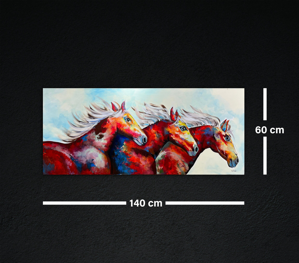 Renkli Koşan Atlar Tuval Üzeri Yağlı Boya Tablo Koşan At Resmi Kanvas Tablo
