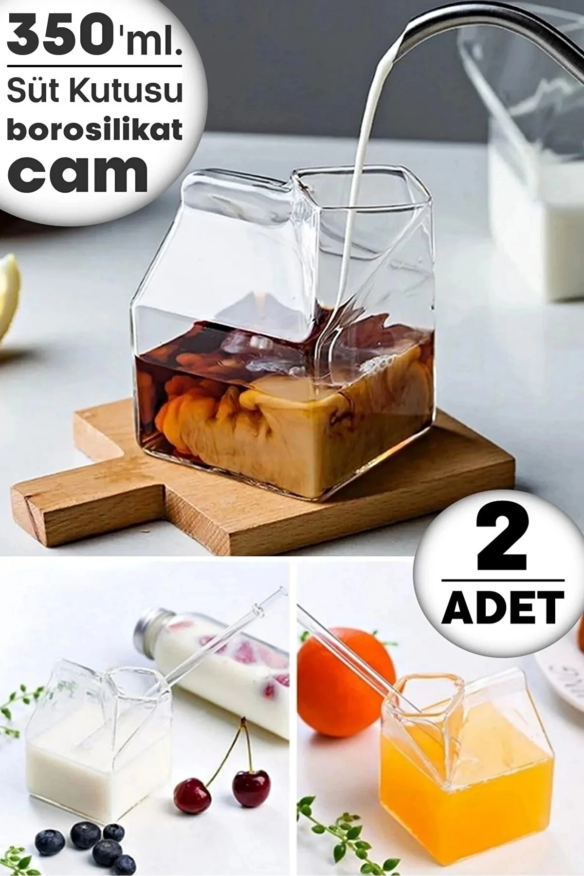 2li Cam Süt Kutusu Meşrubat Kahve Kahvaltı Sunum Bardağı Borosilikat ...