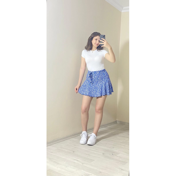 Belden Bağlama Detaylı Şort Etek Mavi