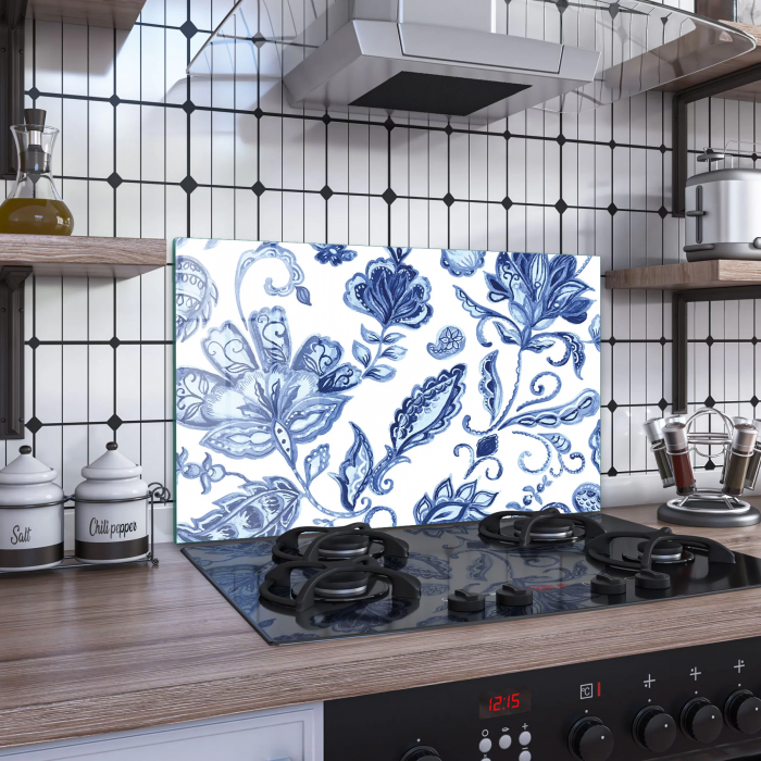 Decovetro Ocak Arkası Koruyucu Mavi Çini Çiçek Desenli 60x40cm