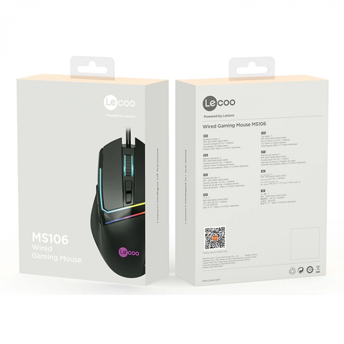 LENOVO LECOO MS106 3200 DPI 7 TUŞLU KABLOLU RGB LED AYDINLATMALI SİYAH GAMİNG MOUSE