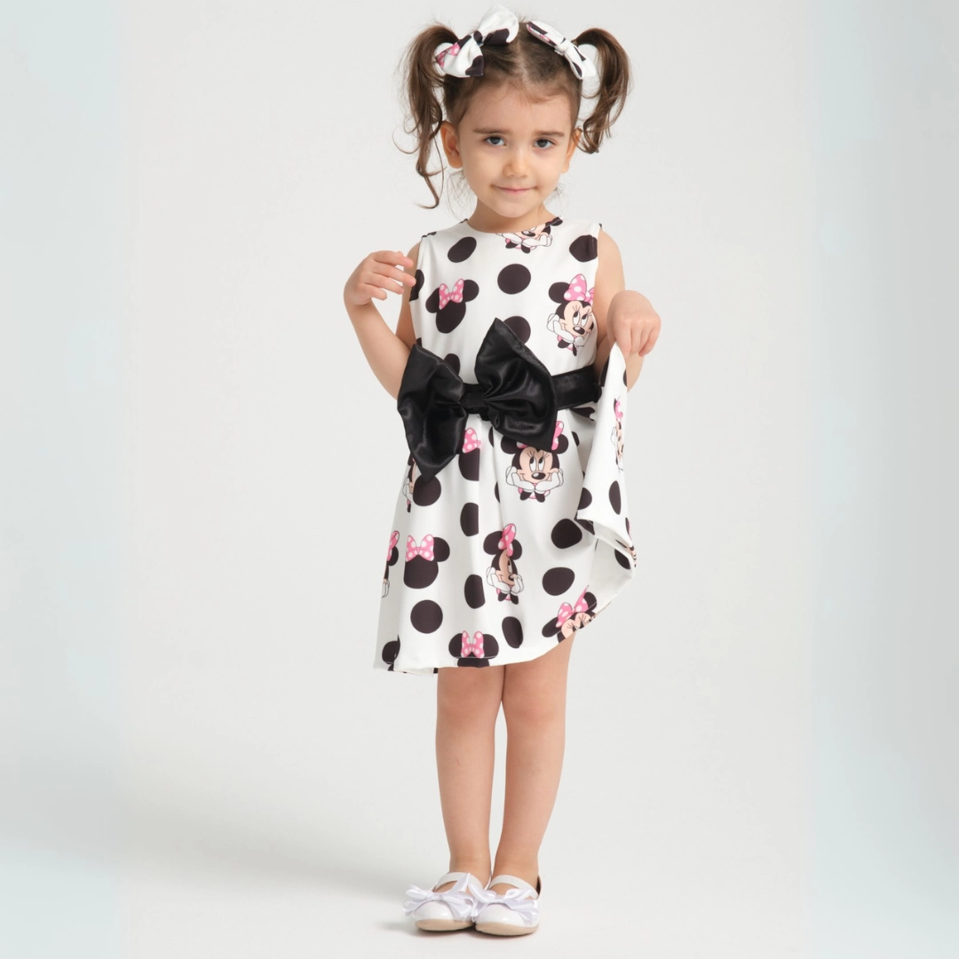 Minie Mouse Desen Pileli Kolsuz Kemerli Doğum Günü Elbisesi