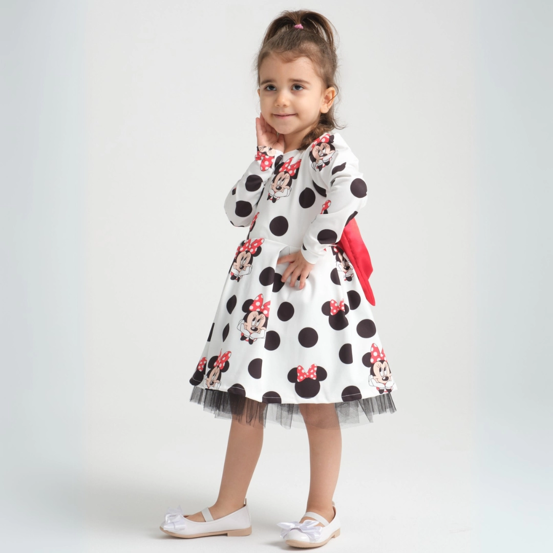 Minie Mouse Desen Uzun Kollu Tüllü Kabarık Doğum Günü Elbisesi