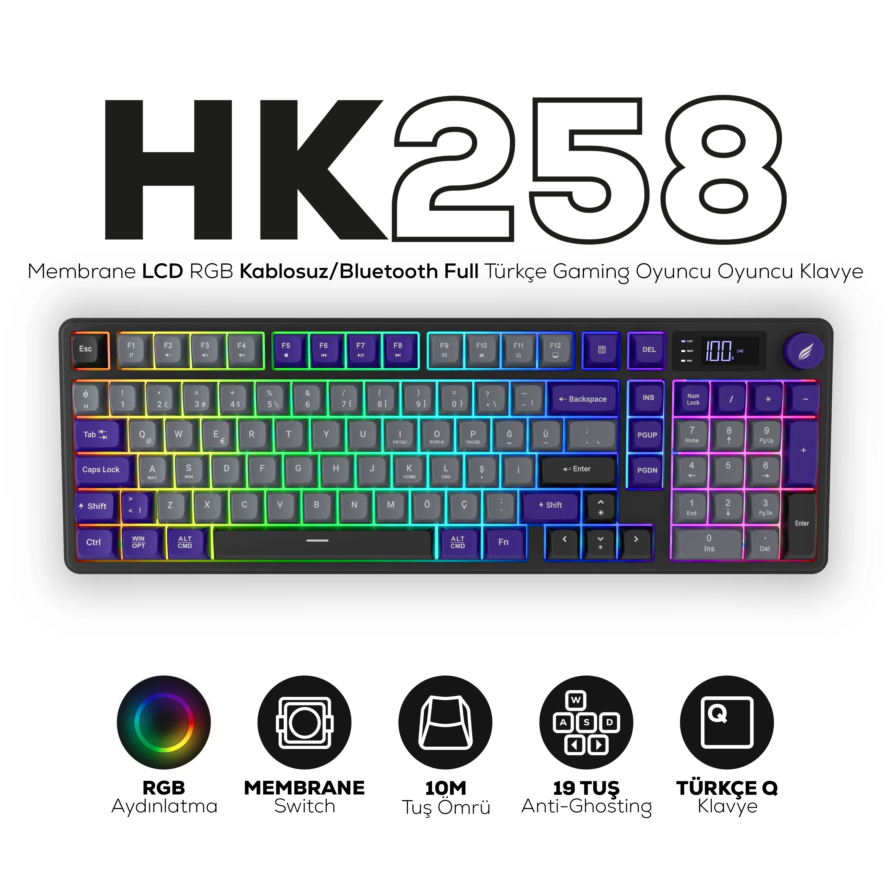 HK258 Membrane LCD RGB Kablosuz/Bluetooth Gri Mor Full Türkçe Gaming ...