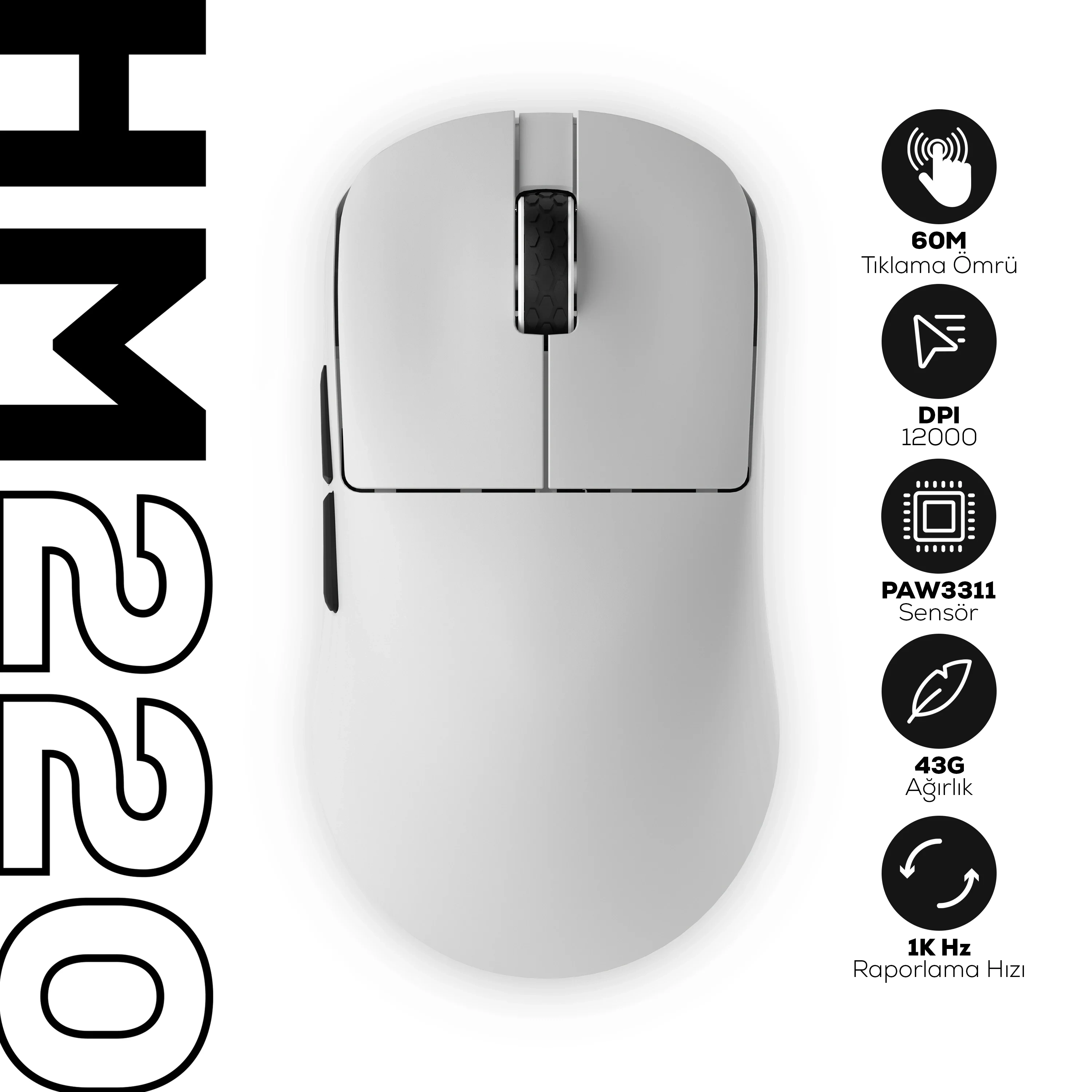 HM220 1K Hz 12000 DPI Tri-Mode Kablosuz/Bluetooth Beyaz Gaming Oyuncu ...