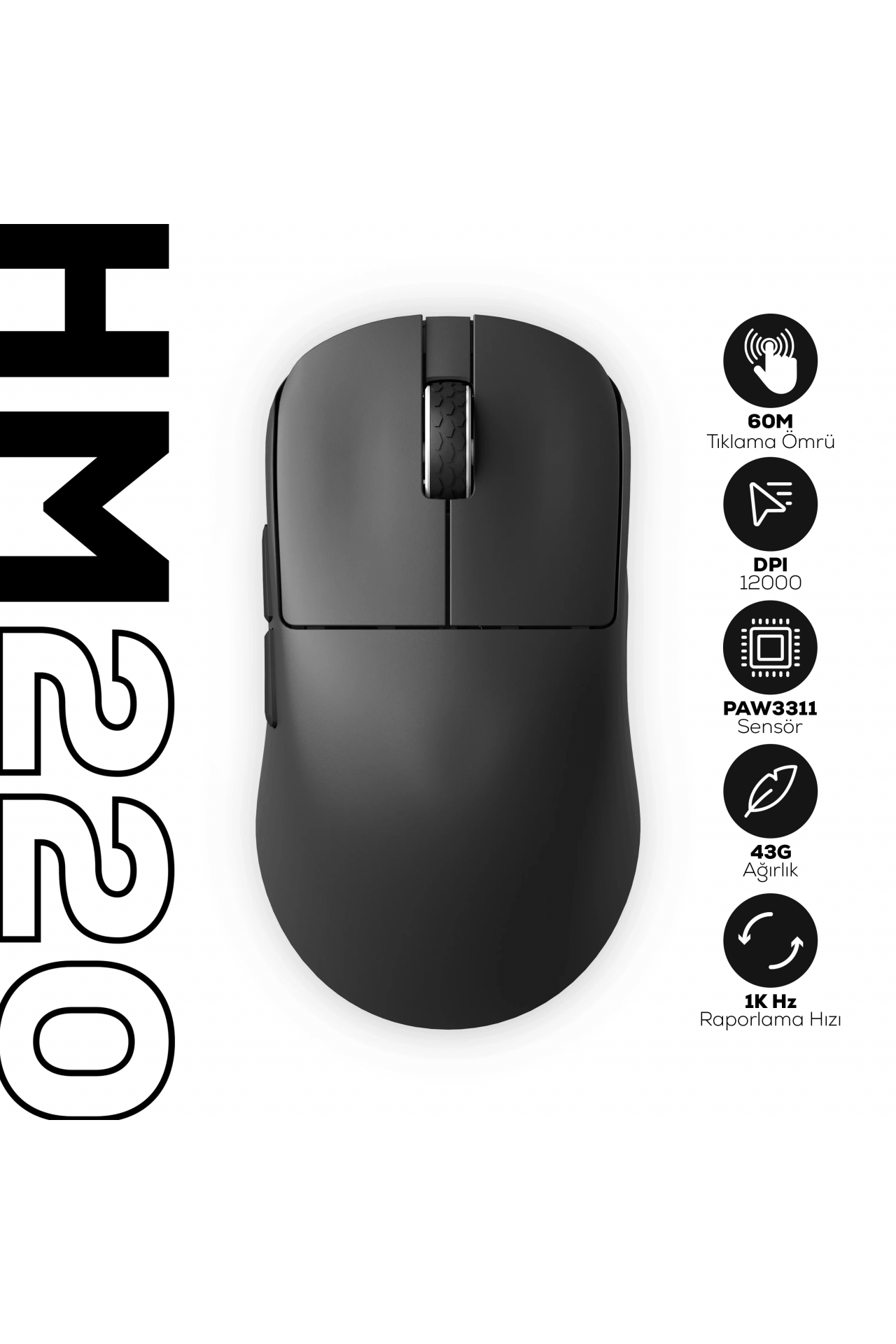 HM220 1K Hz 12000 DPI Tri-Mode Kablosuz/Bluetooth Siyah Gaming Oyuncu ...