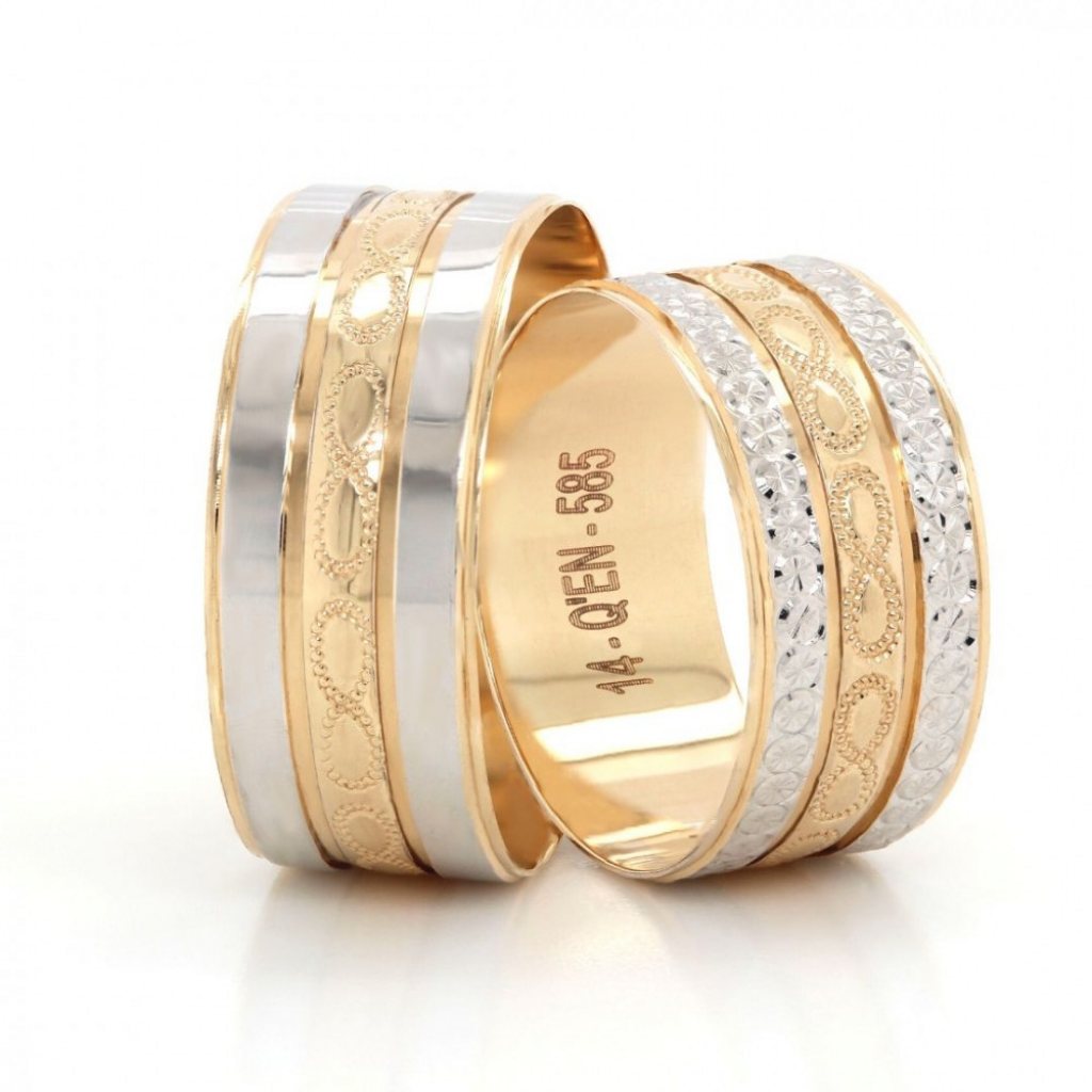 Two Tone Infinity Patterned White Gold Detailed Wedding Band Set