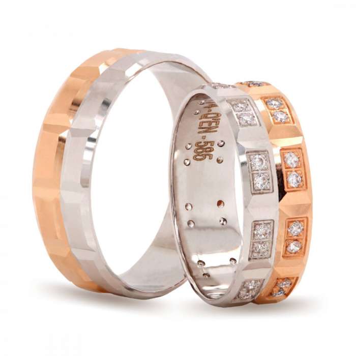 Two Tone Faceted Stone Detailed Wedding Band Set