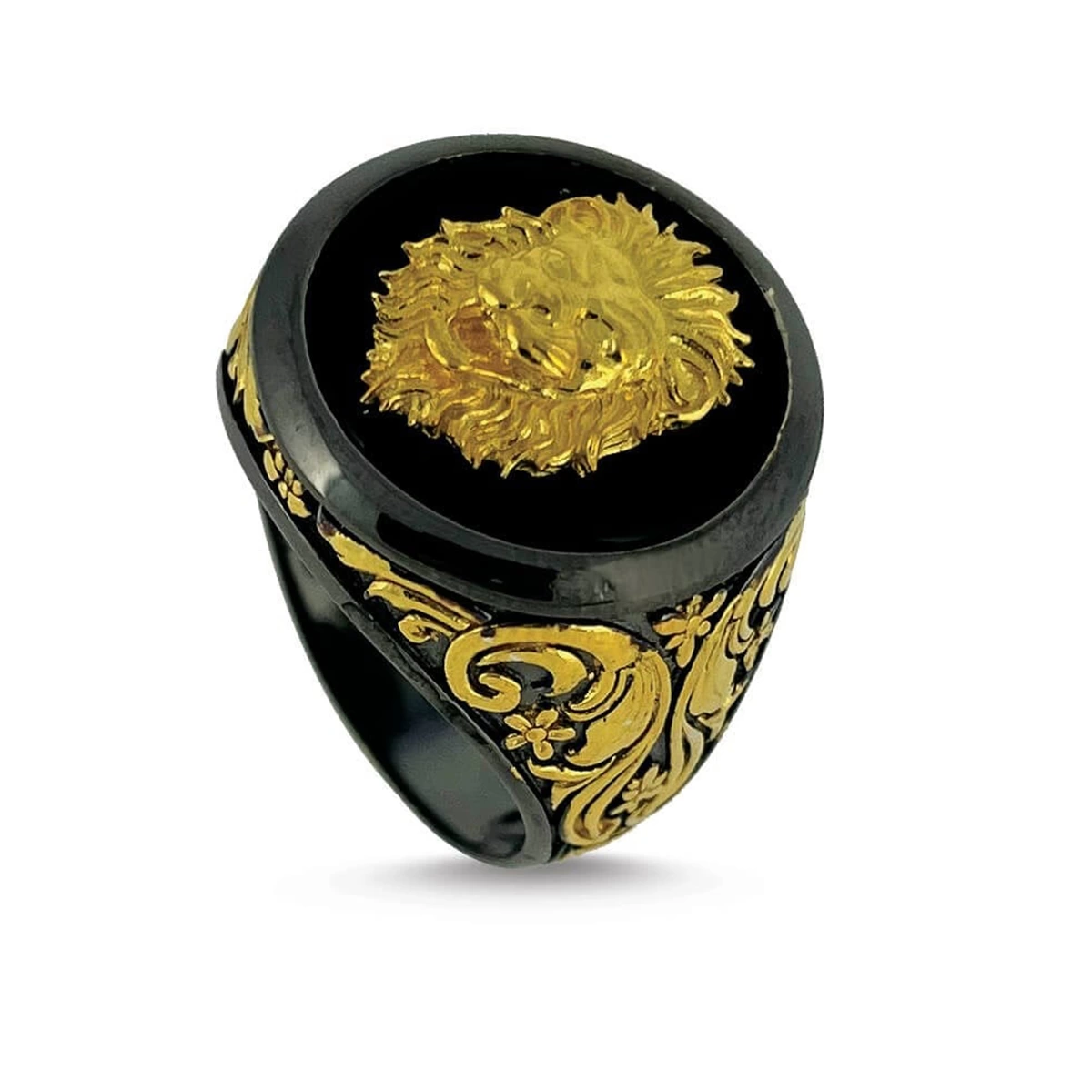 Two Color Plated Onix Stone Lion Medallion Silver Ring