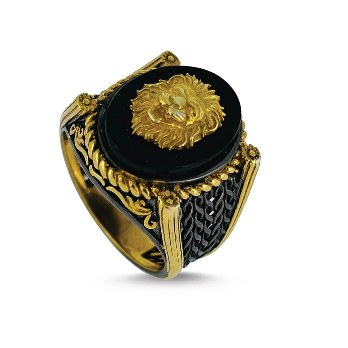 Two Color Plated Onix Stone Lion Medallion Silver Ring