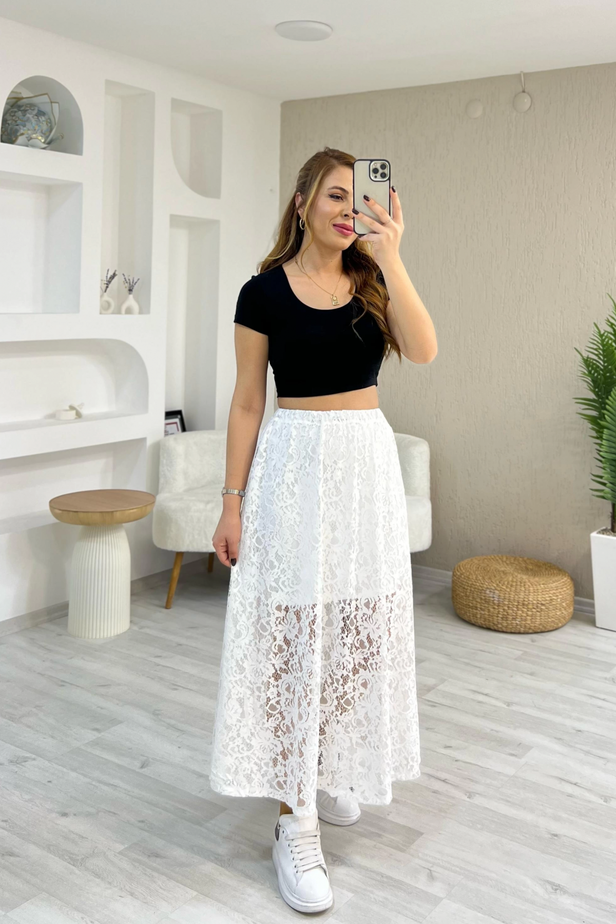 Dantel Detay Beyaz Etek