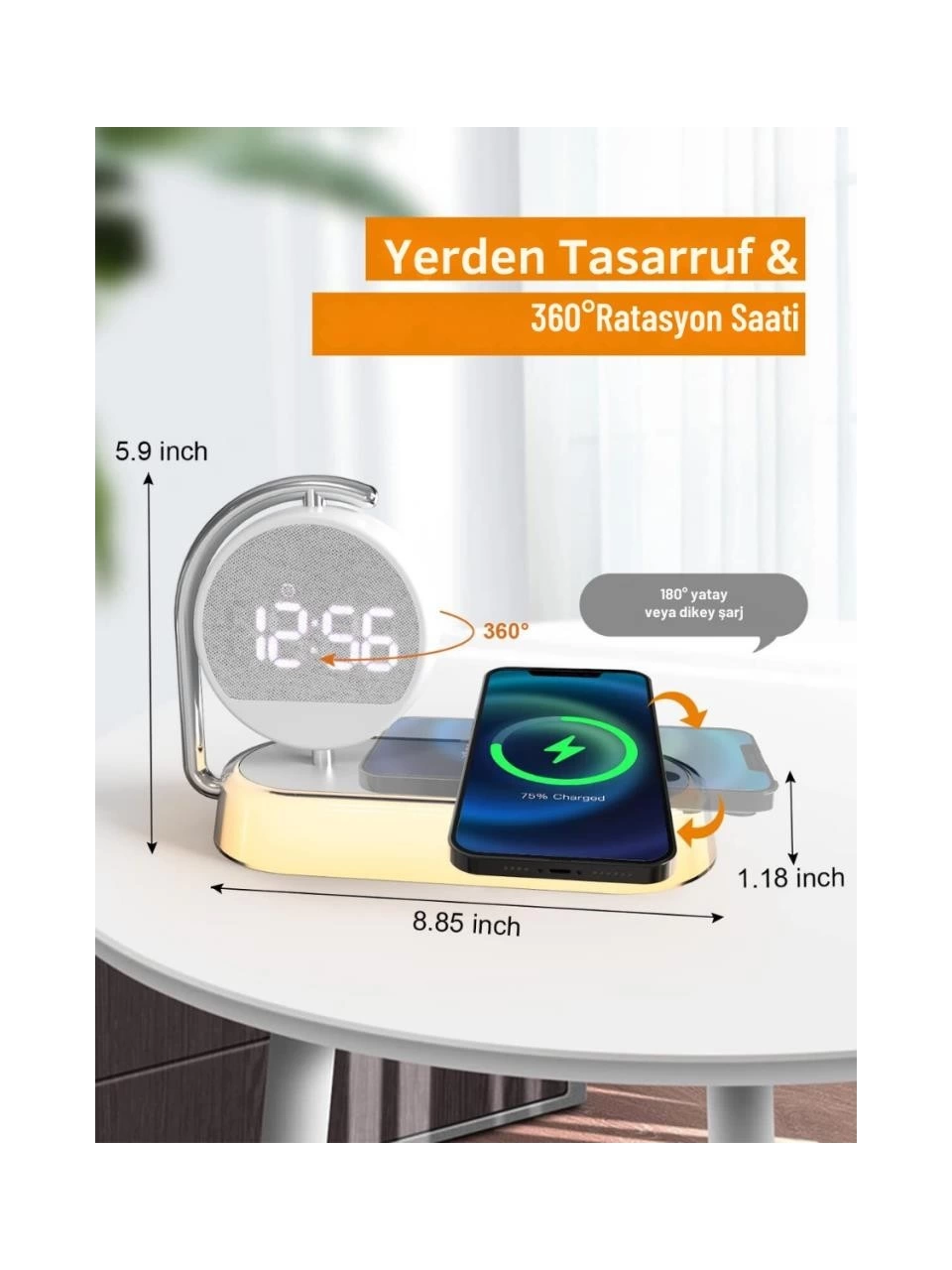 I-Dragon Led Işıklı Masa Saati ve Kablosuz Şarj K01T