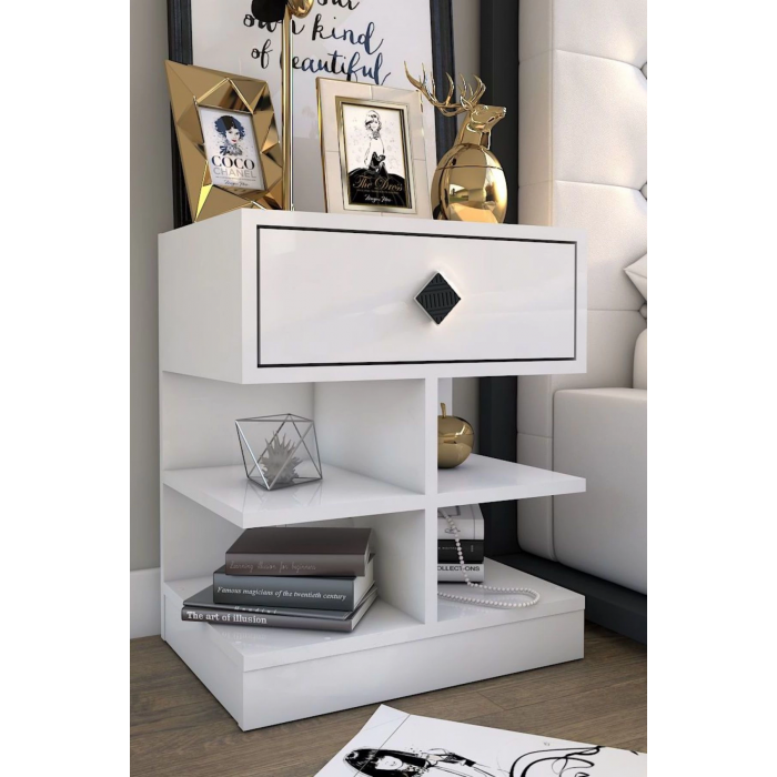 Asya Tek Çekmeceli Raflı Lüx Komidin-Beyaz