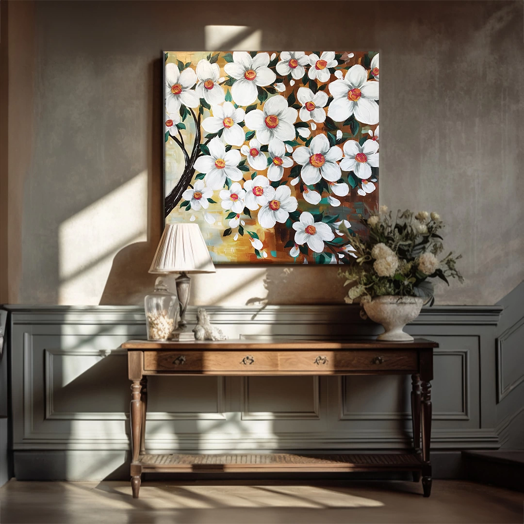 Dallarda Açan Beyaz Çiçekler Kanvas Tablo Fiyatı - Vogloo.com