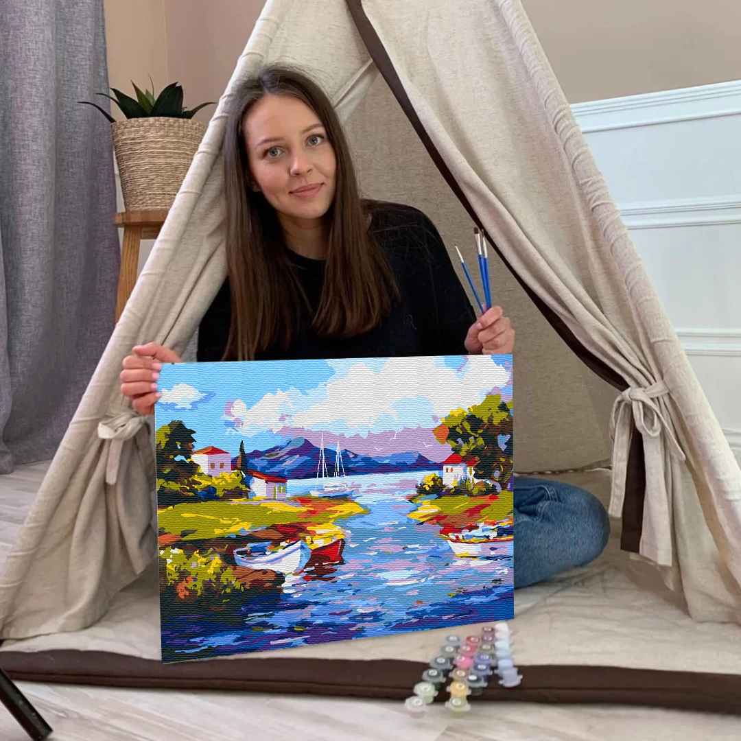 Sayılarla Boyama Seti 40 x 50 cm Tuval Şasesine Gerili Göl Manzarası