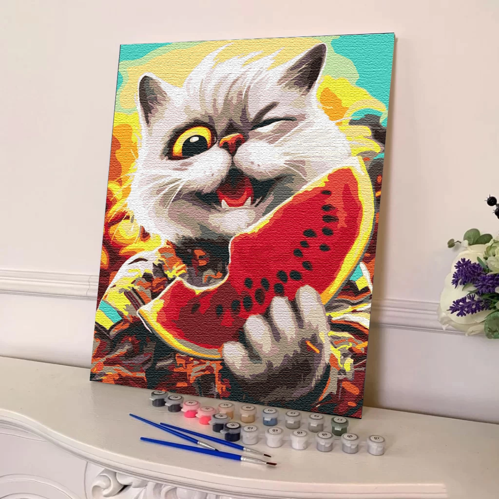 Sayılarla Boyama Seti 40 x 50 cm Tuval Şasesine Gerili Kedi ve Karpuz