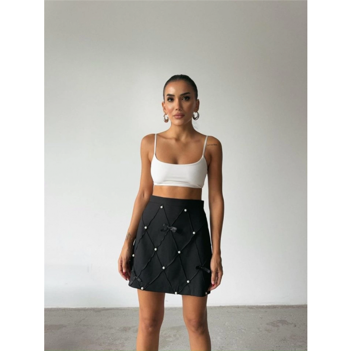 İNCİ KURDELE DETAYLI KISA ETEK - Siyah